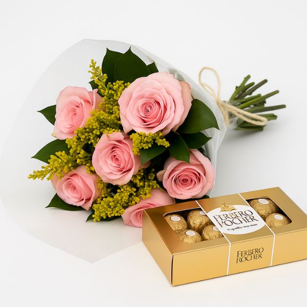 Buquê com 6 Rosas Cor-de-Rosa e Caixa de Ferrero Rocher | Flores Buruquê